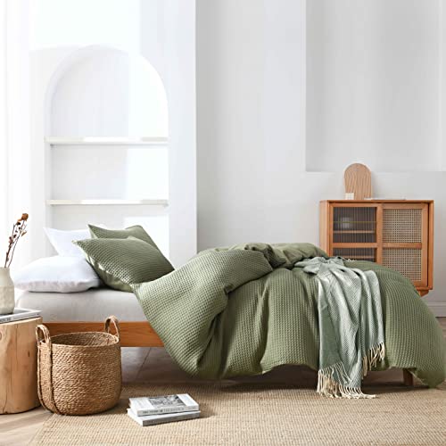 Moonline Duvet Cover Set,Textured Waffle Weave Olive Green Sage Duvet Cover King Size,Soft and Breathable Duvet Cover with Corner Ties (King, Olive Green)