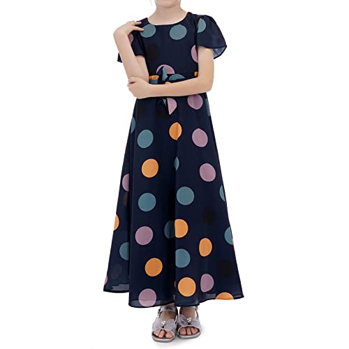 PUSEGA Blue Polka Dot Dress for Teens Toddler Dress for 8 Years Girls, Short Sleeve Dress, Holiday Dresses (Blue, 130, 8years)