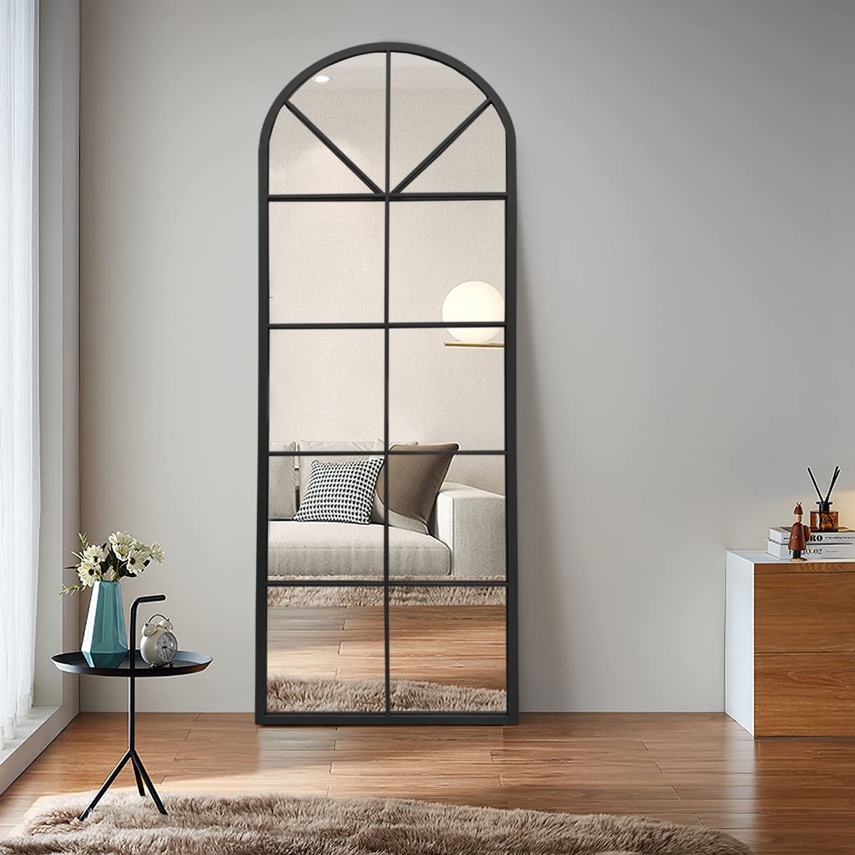 ZMYCZ Floor Full Length Mirror, Black Arched-Top, Large Window Pane Mirror, Wall Mounted Mirror, 65"x22" Standing Mirror Hanging or Leaning, Body Mirrors for Bedroom, No Stand