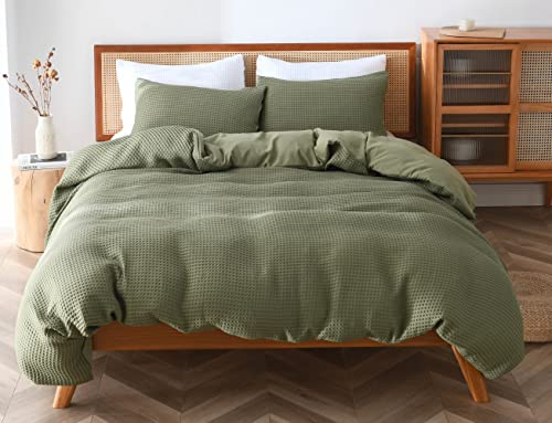 Moonline Duvet Cover Set,Textured Waffle Weave Olive Green Sage Duvet Cover King Size,Soft and Breathable Duvet Cover with Corner Ties (King, Olive Green)