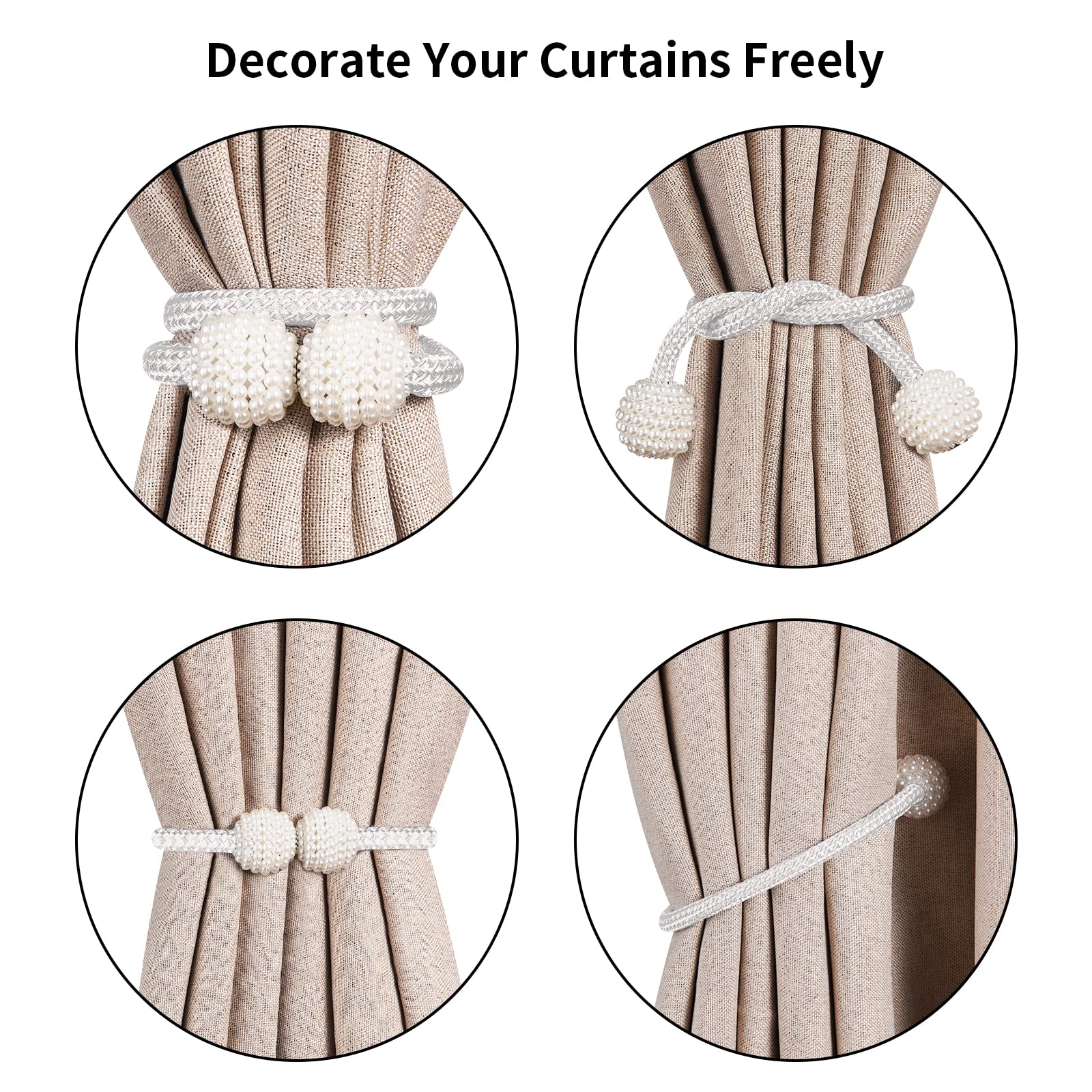 Kirecoo 2 Pack Curtain Tiebacks - Magnetic Curtain Tiebacks, Pearl Curtain Ties Decorative Rope, Curtain Holder Holdbacks for Drapes, Sheer Curtains (White)
