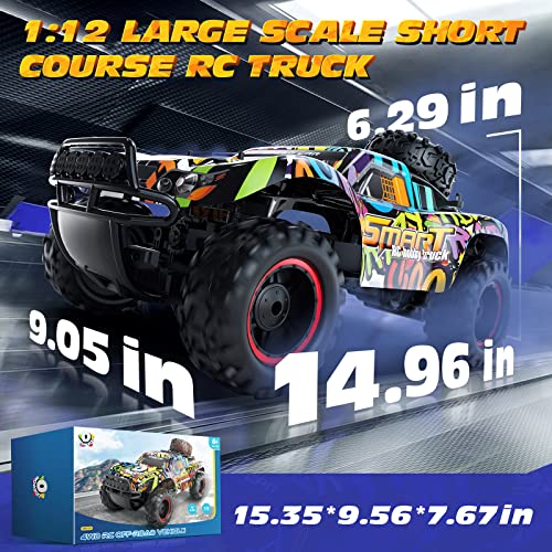 O WOWZON 1:12 Scale Short-Course RC Truck Large 4WD Hobby Crawler Grade Replaceable Spare Tire All Terrains Monster Crawler 2 Rechargeable Batteries for Age 6+ Boys Kids and Adults
