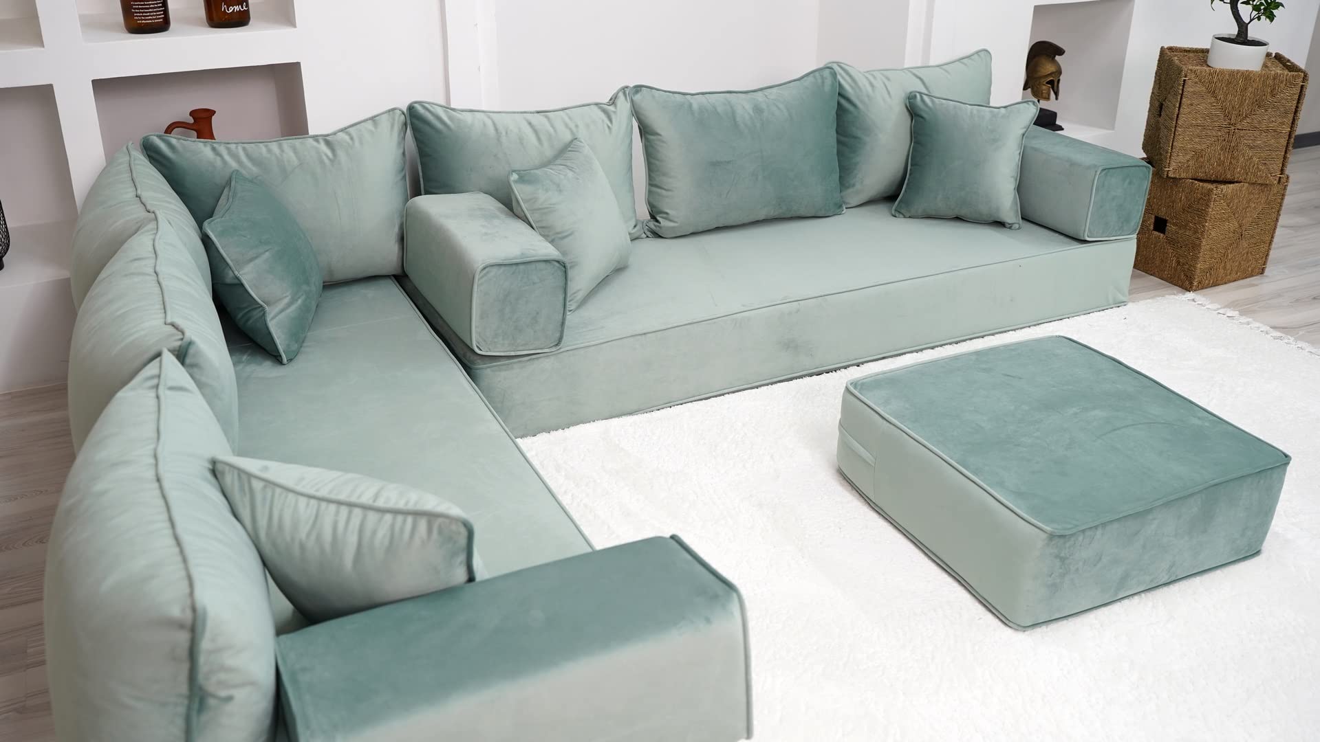 8" Thickness Water Green L Shaped Floor Seating, Moroccan Livingroom Home Decor, Velvet Floor Pillow, Sofa Bed, Corner Arabic Seating (L Sofa + Ottoman)