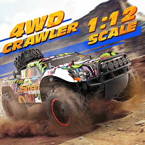 O WOWZON 1:12 Scale Short-Course RC Truck Large 4WD Hobby Crawler Grade Replaceable Spare Tire All Terrains Monster Crawler 2 Rechargeable Batteries for Age 6+ Boys Kids and Adults