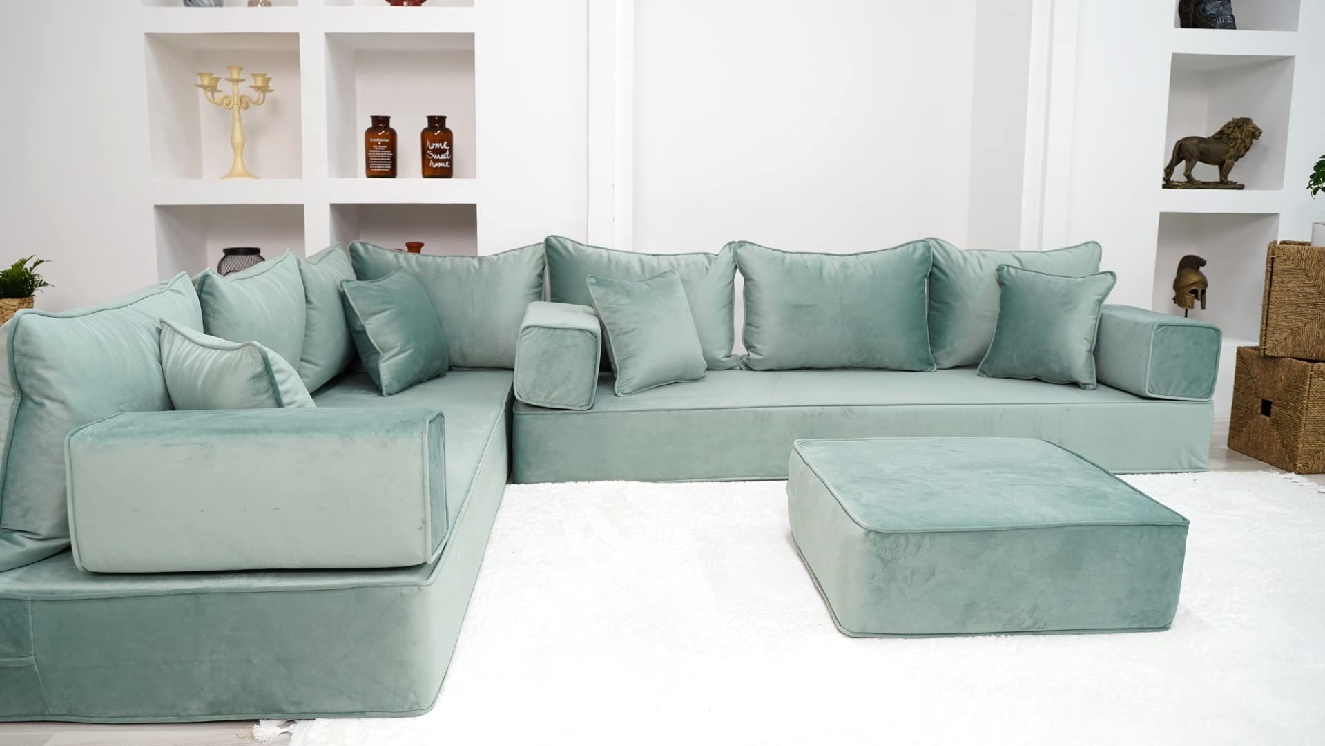 8" Thickness Water Green L Shaped Floor Seating, Moroccan Livingroom Home Decor, Velvet Floor Pillow, Sofa Bed, Corner Arabic Seating (L Sofa + Ottoman)