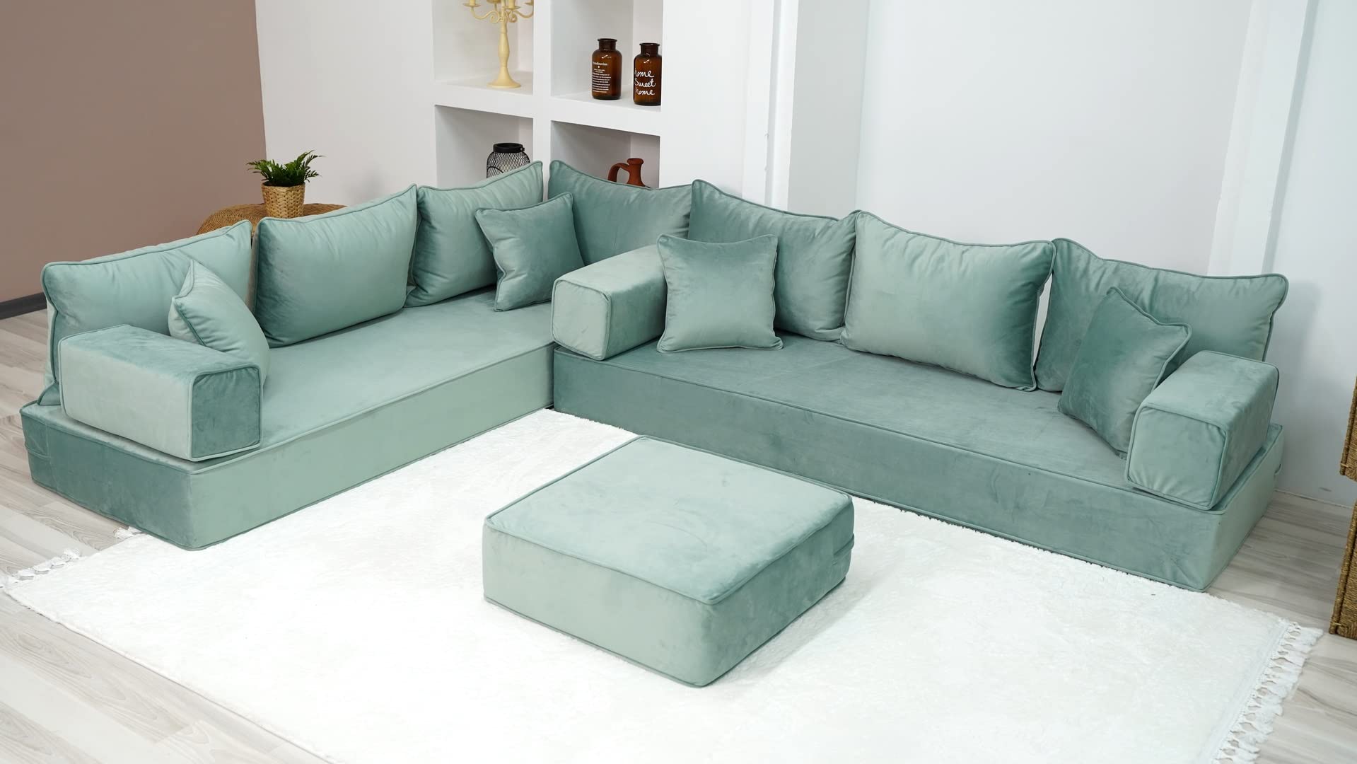 8" Thickness Water Green L Shaped Floor Seating, Moroccan Livingroom Home Decor, Velvet Floor Pillow, Sofa Bed, Corner Arabic Seating (L Sofa + Ottoman)