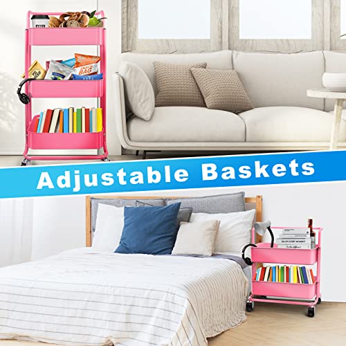 Homchwell Metal 3 Tier Utility Cart, Mesh Rolling Cart Organizer with Handle & Lockable Wheels, Multi-Functional Rolling Storage Cart for Kitchen, Bathroom, Living Room and Office