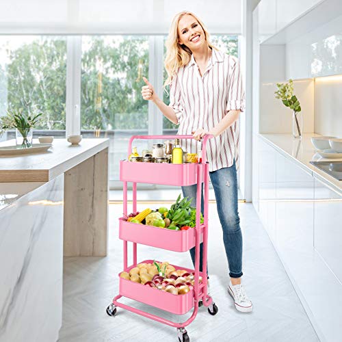Homchwell Metal 3 Tier Utility Cart, Mesh Rolling Cart Organizer with Handle & Lockable Wheels, Multi-Functional Rolling Storage Cart for Kitchen, Bathroom, Living Room and Office
