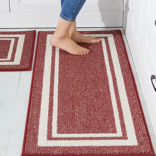 COSY HOMEER Kitchen Rugs Non-Slip 20" x30/20 x48 Inch Thick Polypropylene Standing Mat for Home Machine Washable, Red Frame