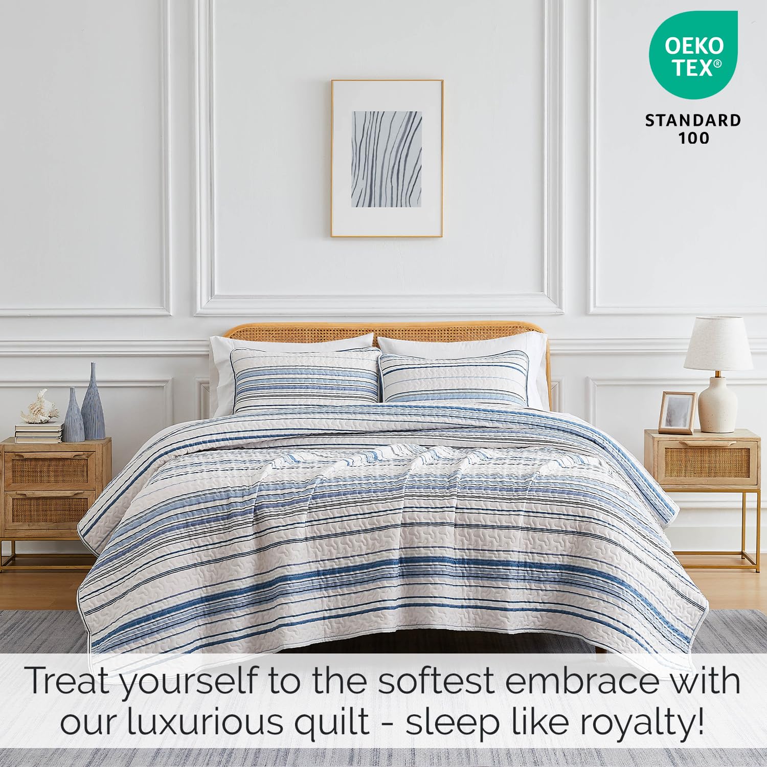 Southshore Fine Living, Inc. Oversized King Quilt Set, All Season Striped Blue Bedspread Set, 3-Piece Coastal Bedding, California/King Coverlet Sets with Shams, Soft Microfiber Quilt, Blue Stripes