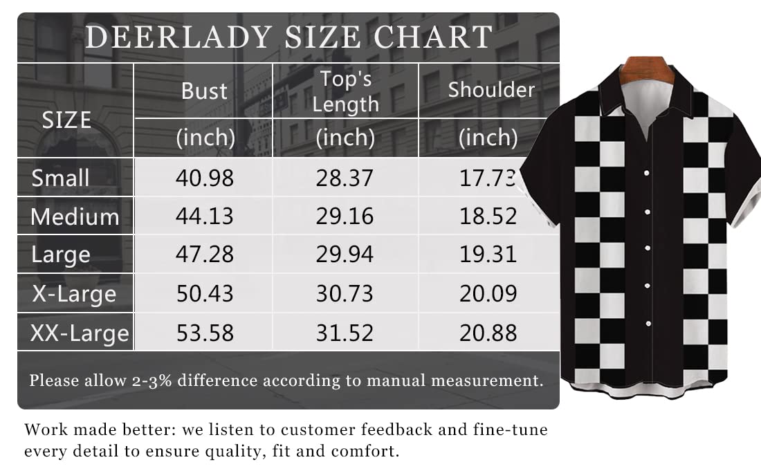Deer Lady Mens Bowling Shirt 1950s Retro Print Hawaiian Shirts Short Sleeve Casual Button Down Shirt Beach Shirts Black Coconut XL