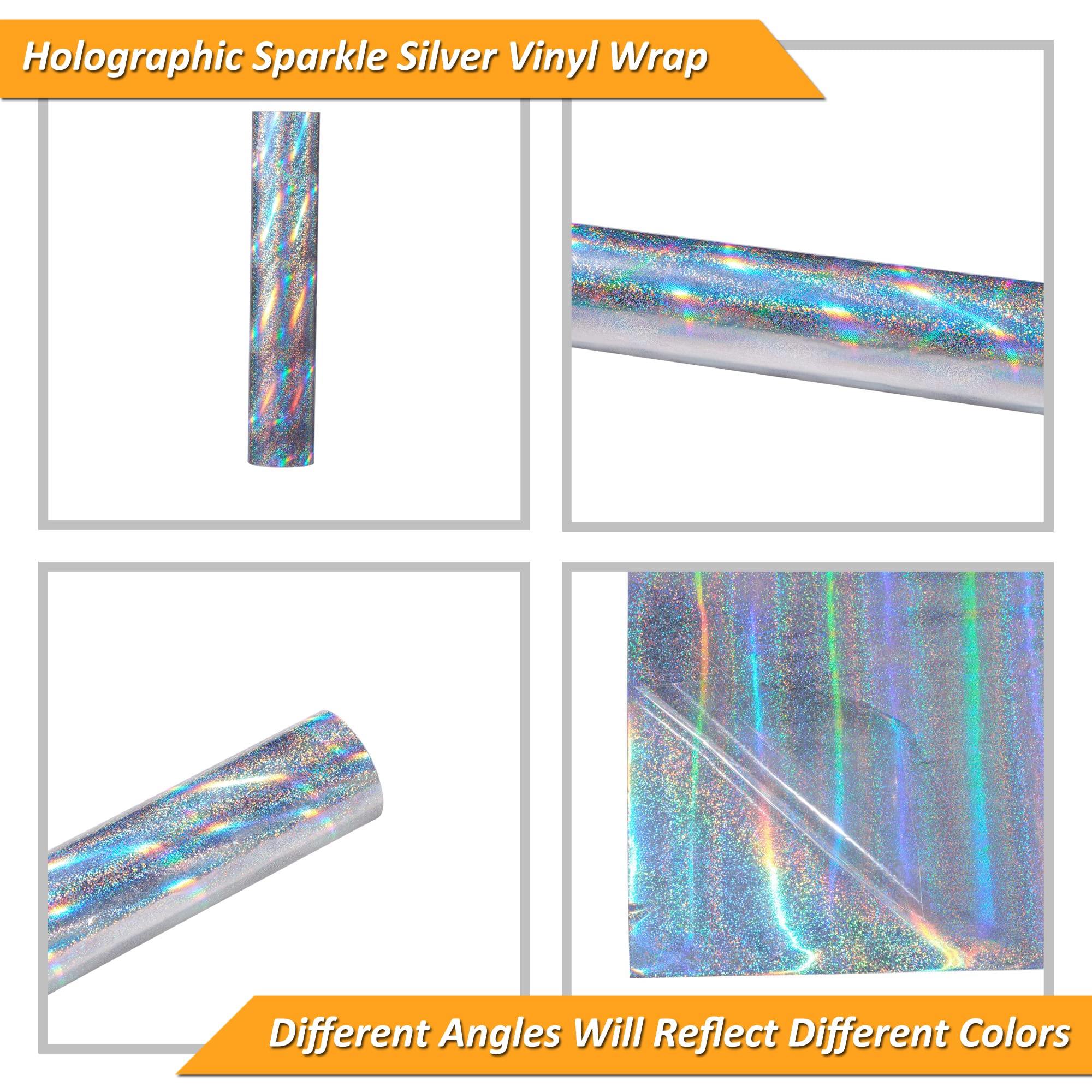 AuMoHall Holographic Sparkle Silver Car Vinyl Wrap Glitter Light Beam Glossy Colorful Chameleon Car Vinyl Wrap with Air Release Technology, 59.84'' x 11.81''