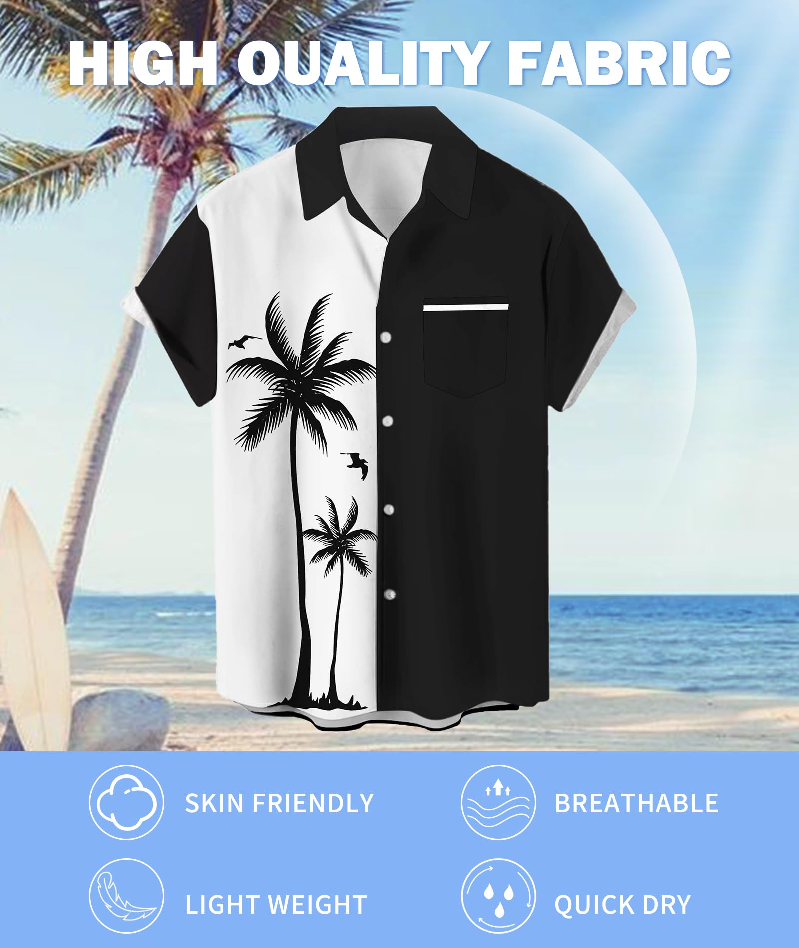 Deer Lady Mens Bowling Shirt 1950s Retro Print Hawaiian Shirts Short Sleeve Casual Button Down Shirt Beach Shirts Black Coconut XL