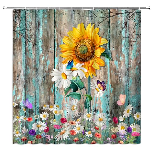 JOFKAXU Rustic Sunflower Shower Curtain Vintage Barn Door Floral Plant Flower Butterfly Farmhouse Retro Teal Wooden Board Country Bath Curtain with Hook