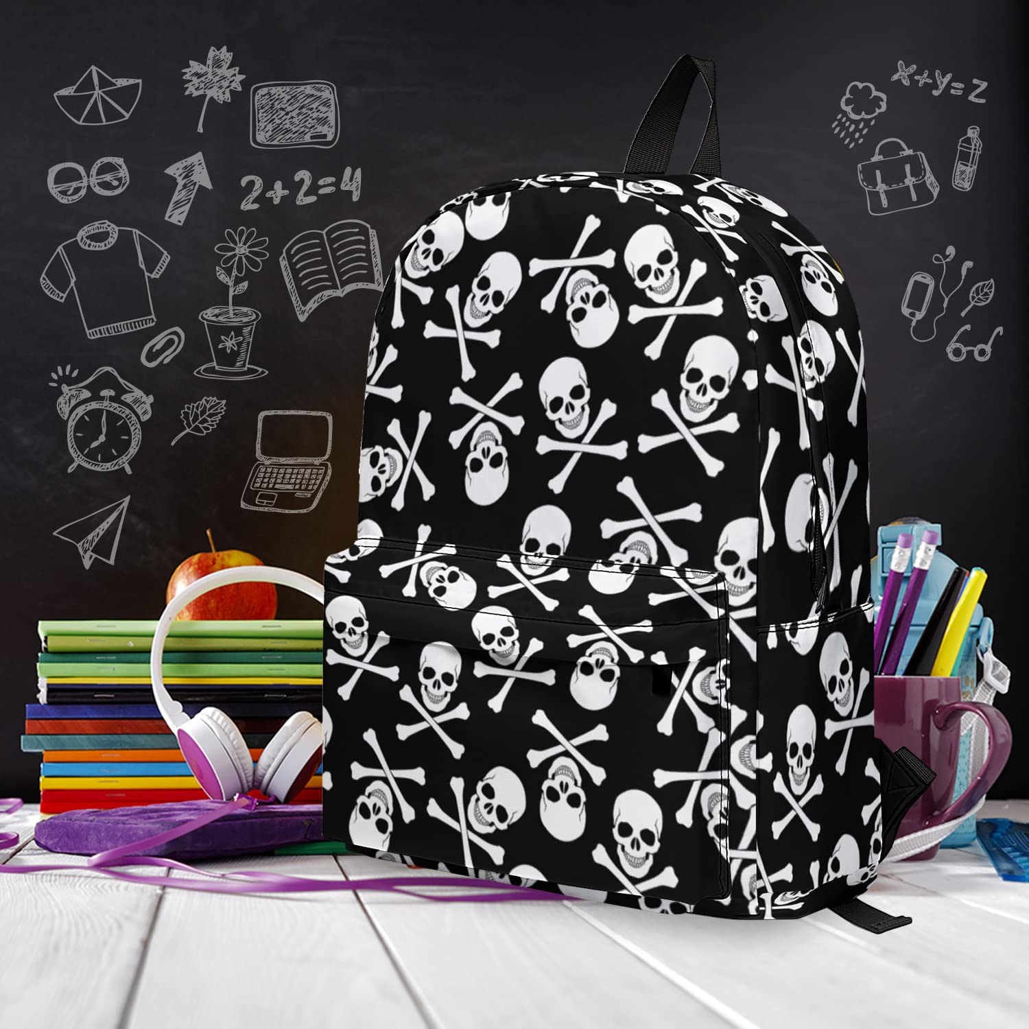 Ridzorgt Skull and Bones Backpack - Multi-Pocket Bookbag Travel Book Bags Casual Daypack Durable Lightweight Bag for Laptop