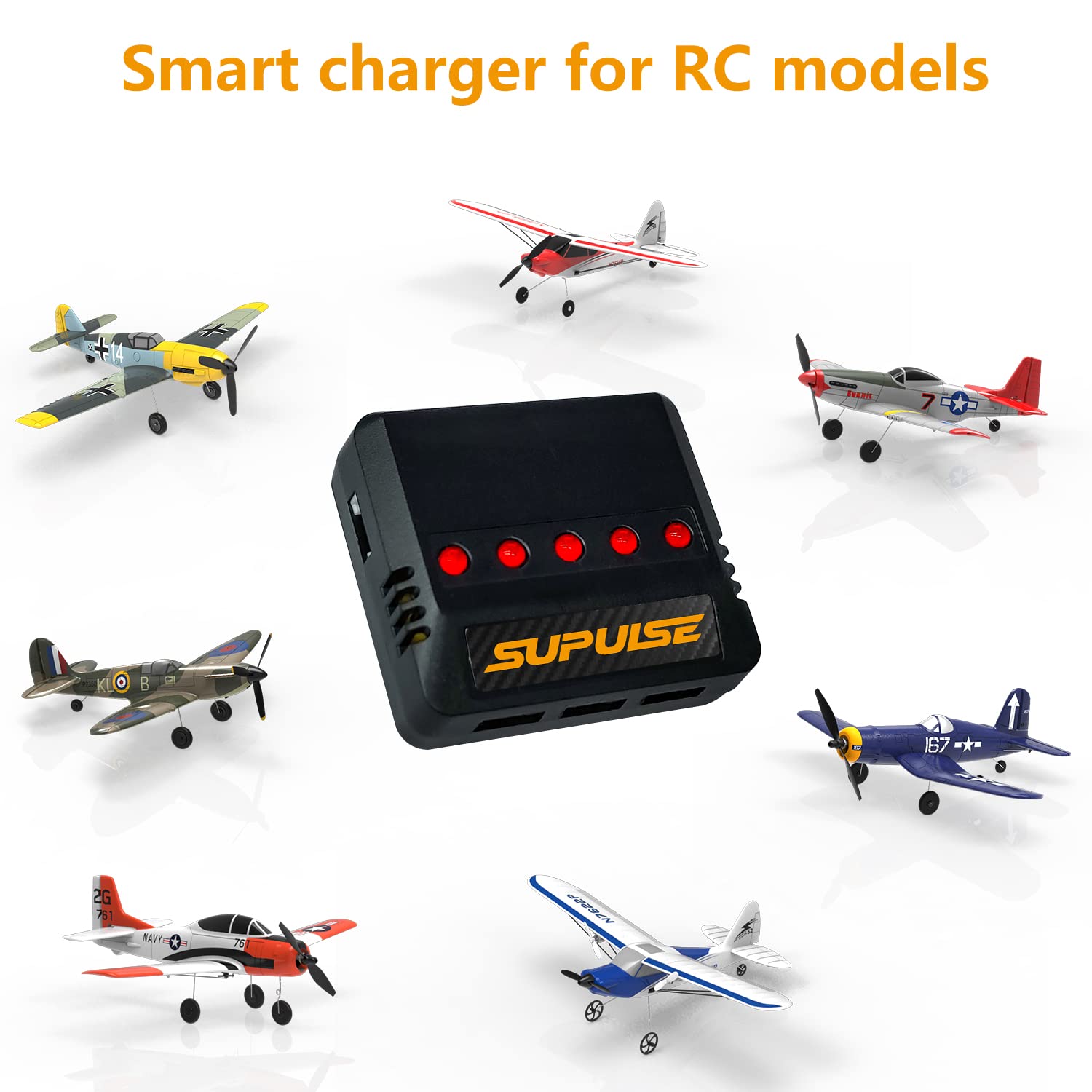SUPULSE Lipo Battery Charger DC 3.7V 1S 1 Cell RC Charger Micro 5 Port Compact Charger with LED Indicator Mini Size Lipo Charger 5 in 1 USB Lipo Charger