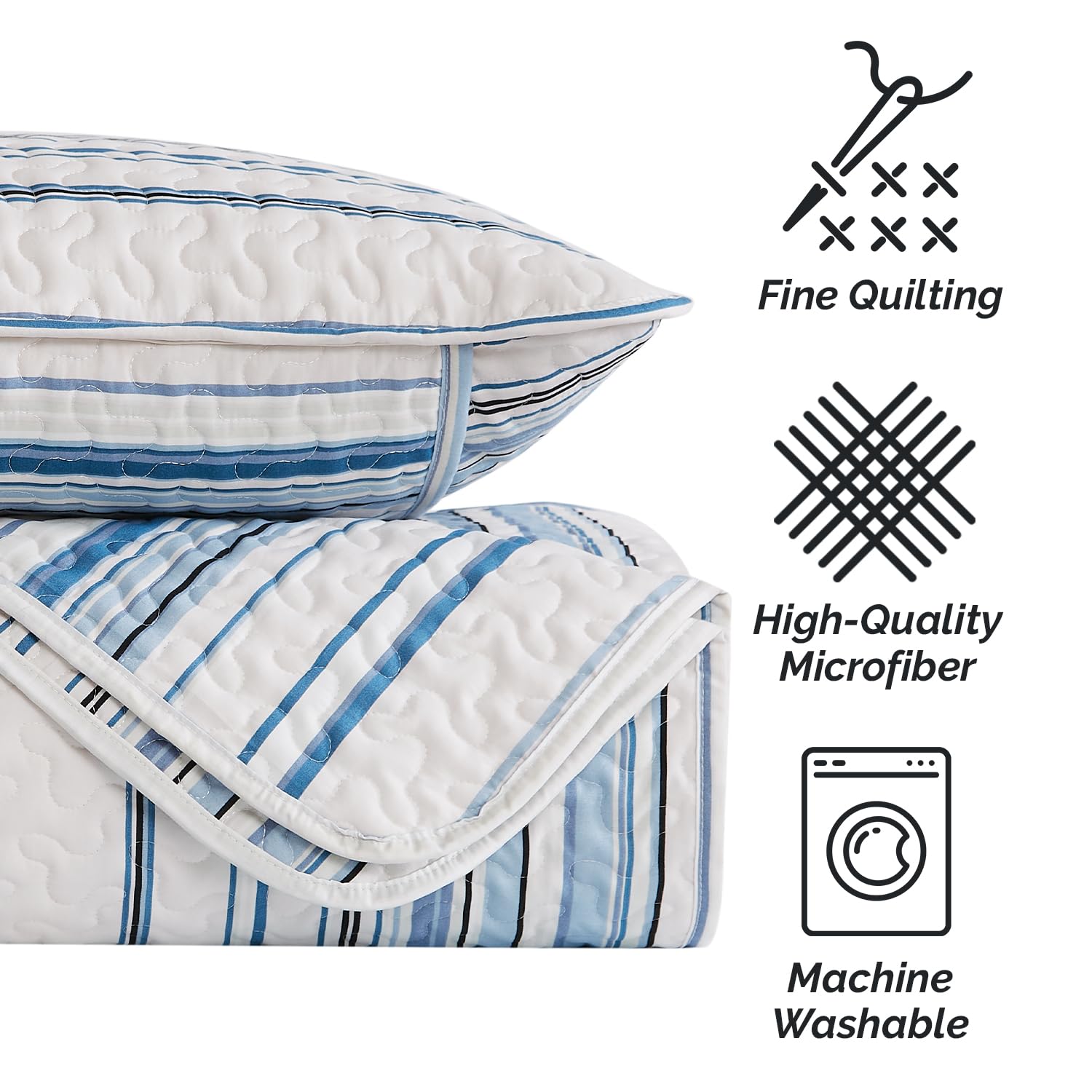 Southshore Fine Living, Inc. Oversized King Quilt Set, All Season Striped Blue Bedspread Set, 3-Piece Coastal Bedding, California/King Coverlet Sets with Shams, Soft Microfiber Quilt, Blue Stripes