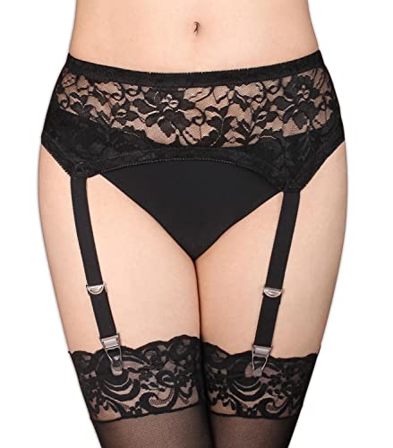 GARGALA Black Sexy Lace Garter Belt for Thigh High Stockings, Socks Suspender Women with 4 Vintage Metal Clips (Black, 2x Plus Size)