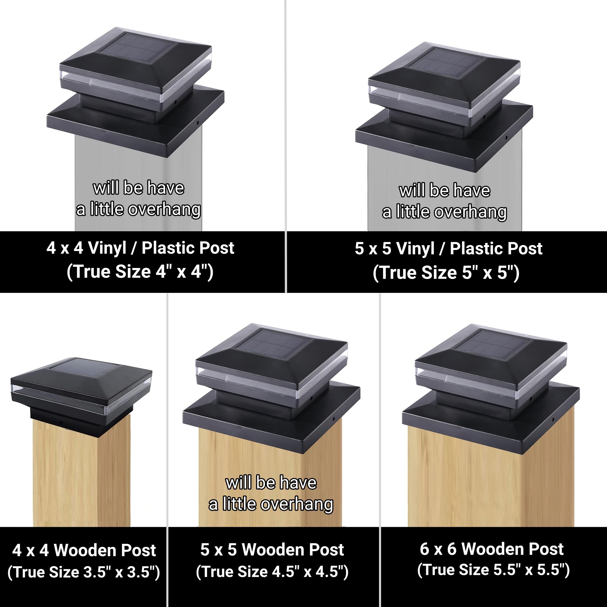 Dynaming 6 Pack Solar Post Lights, Outdoor Decorative Post Cap Light, Solar Powered Black Shell Caps, BrightnePatio, FWhite LED Lighting for Fence Deck Patio, Fit 4x4, 5x5 or 6x6 Vinyl/Wooden Posts