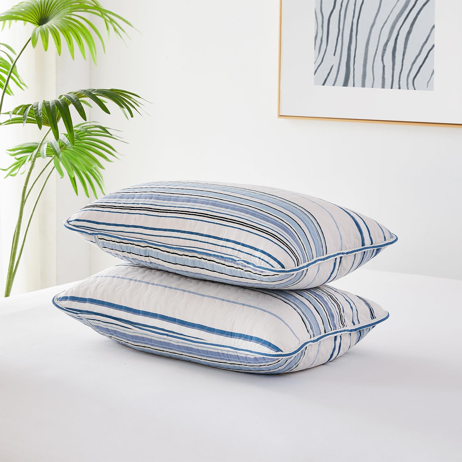 Southshore Fine Living, Inc. Oversized King Quilt Set, All Season Striped Blue Bedspread Set, 3-Piece Coastal Bedding, California/King Coverlet Sets with Shams, Soft Microfiber Quilt, Blue Stripes
