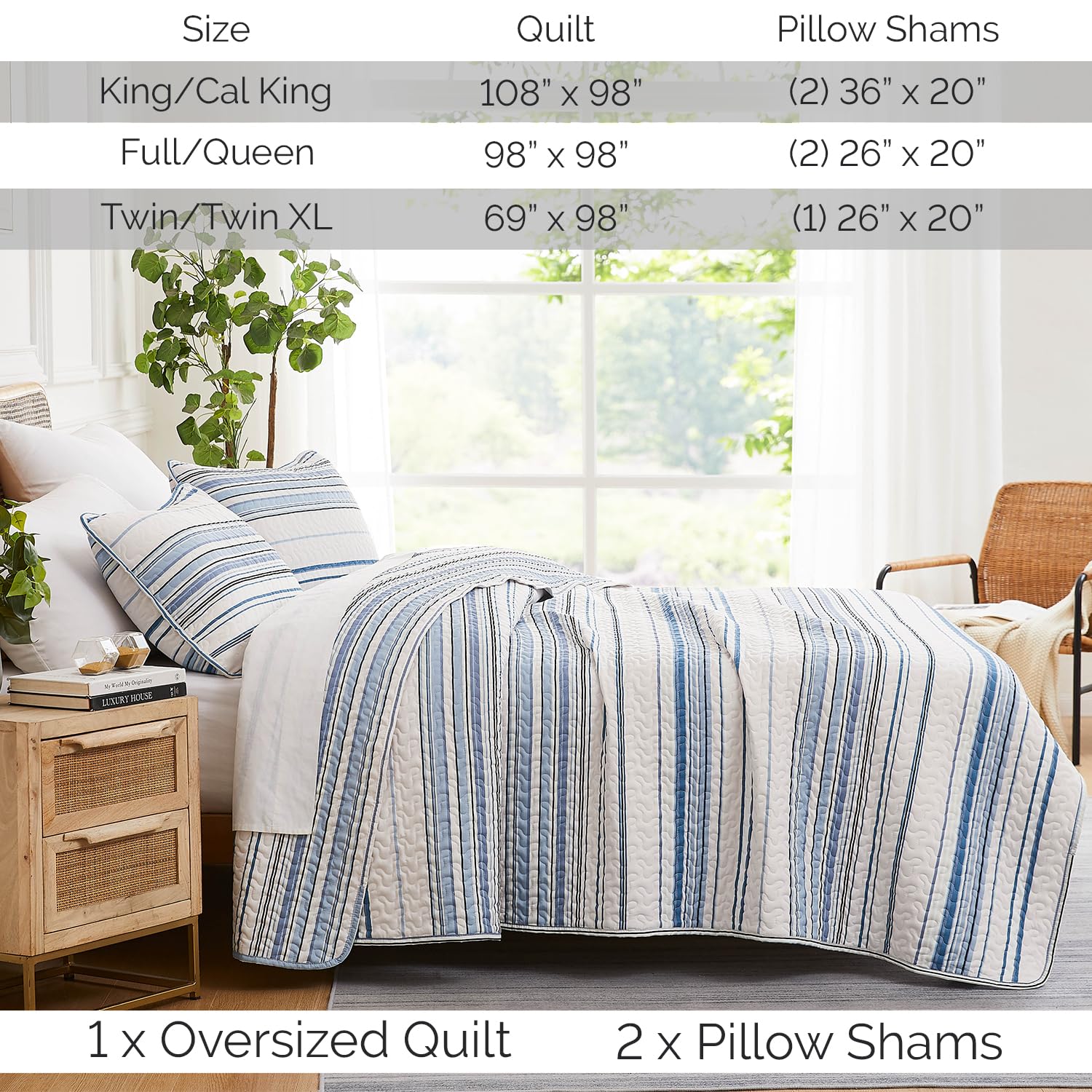 Southshore Fine Living, Inc. Oversized King Quilt Set, All Season Striped Blue Bedspread Set, 3-Piece Coastal Bedding, California/King Coverlet Sets with Shams, Soft Microfiber Quilt, Blue Stripes