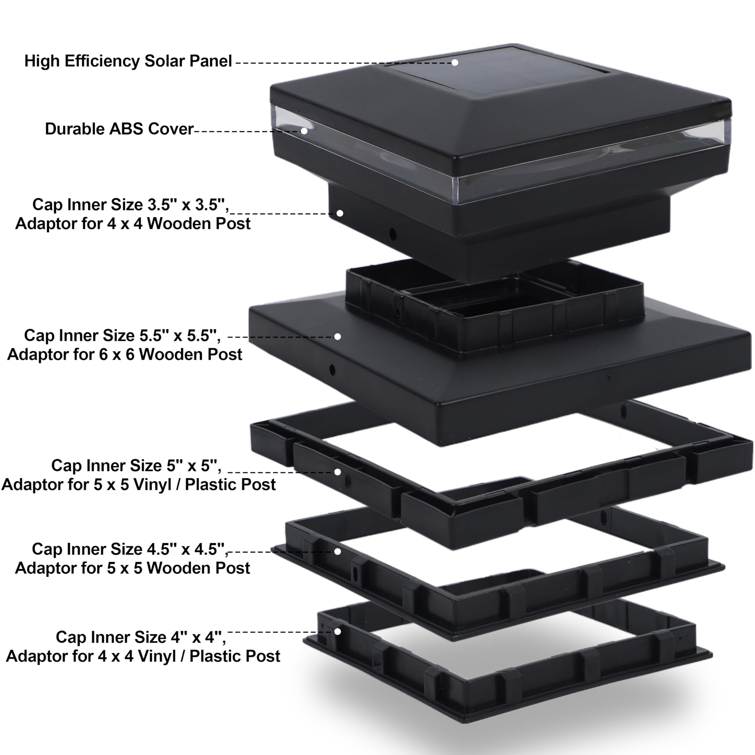Dynaming 6 Pack Solar Post Lights, Outdoor Decorative Post Cap Light, Solar Powered Black Shell Caps, BrightnePatio, FWhite LED Lighting for Fence Deck Patio, Fit 4x4, 5x5 or 6x6 Vinyl/Wooden Posts