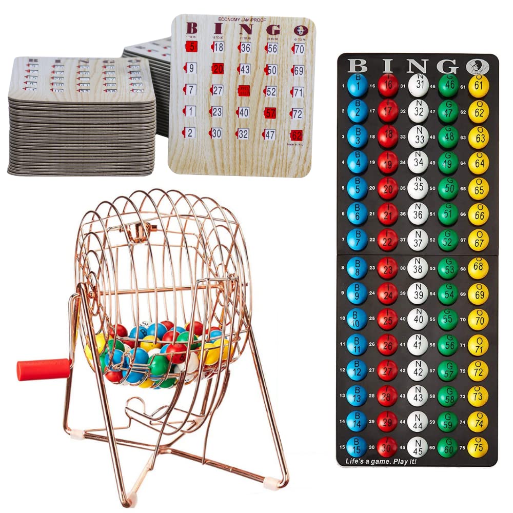 MR CHIPS 100 Finger Tip Shutter Slide Bingo Cards Plus Rose Gold Cage with Everlasting Balls and Master Board