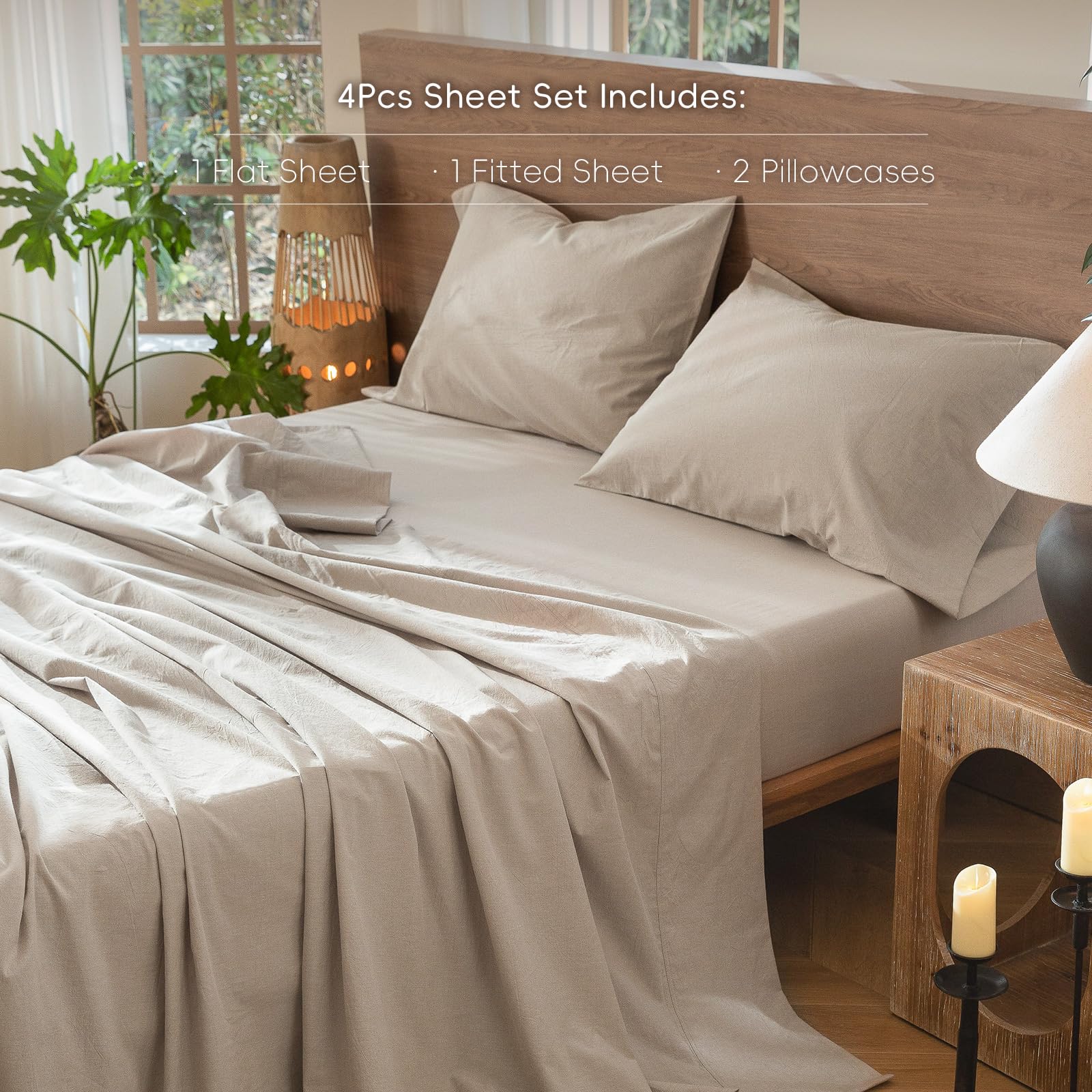 MooMee Bedding Sheet Set 100% Washed Cotton Linen Like Textured Breathable Durable Soft Comfy (Tannish Linen Grey, King)