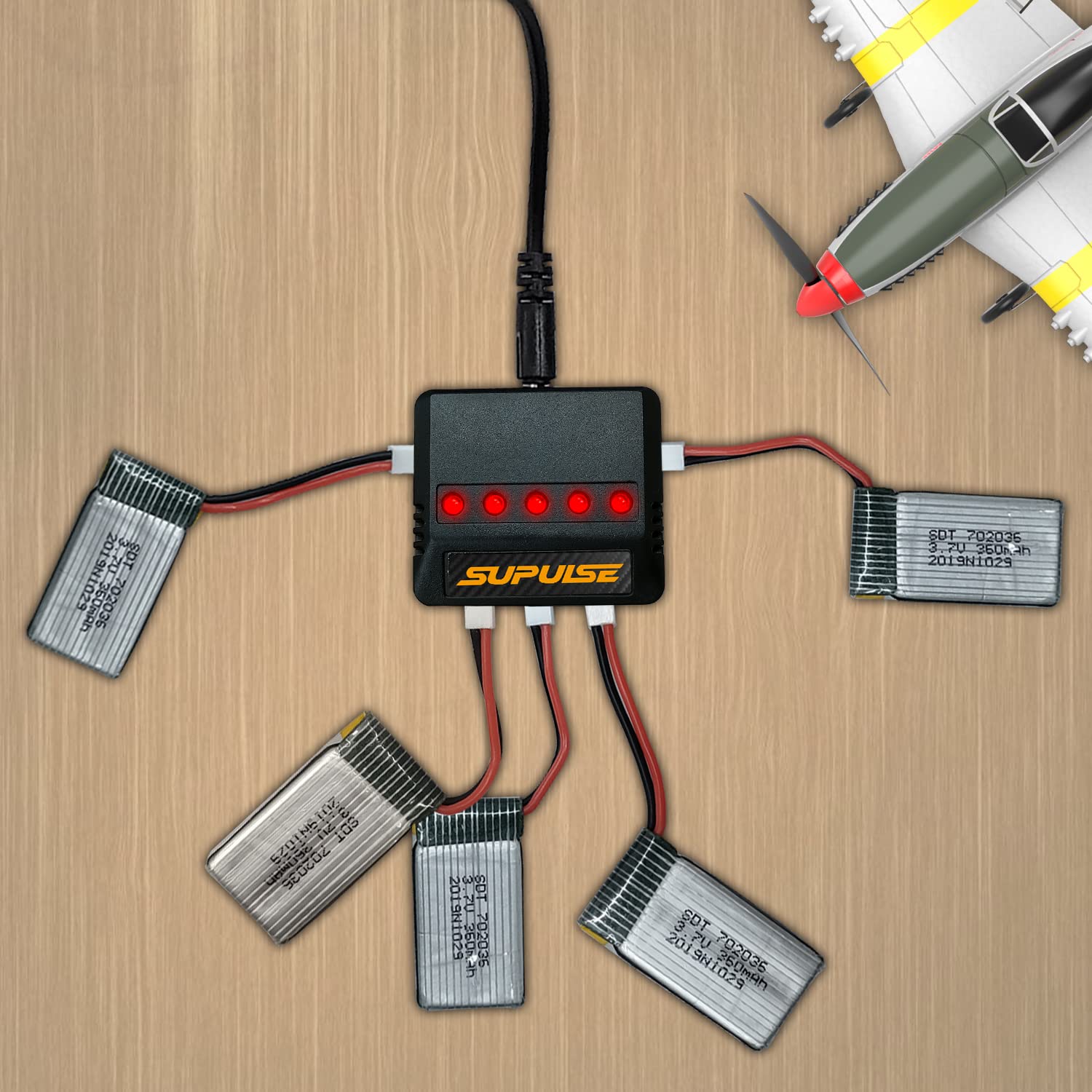 SUPULSE Lipo Battery Charger DC 3.7V 1S 1 Cell RC Charger Micro 5 Port Compact Charger with LED Indicator Mini Size Lipo Charger 5 in 1 USB Lipo Charger