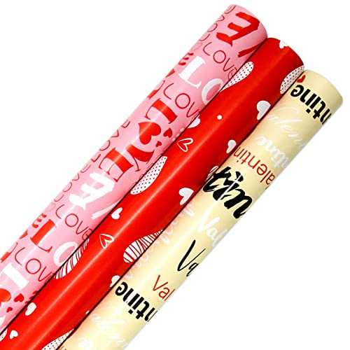 WorldBazaar Valentines Wrapping Paper Roll with Cut Lines Valentine Heart Love Design Gift Wrapping Paper for Valentineās Day Birthday Holiday 3 Pack Red Pink