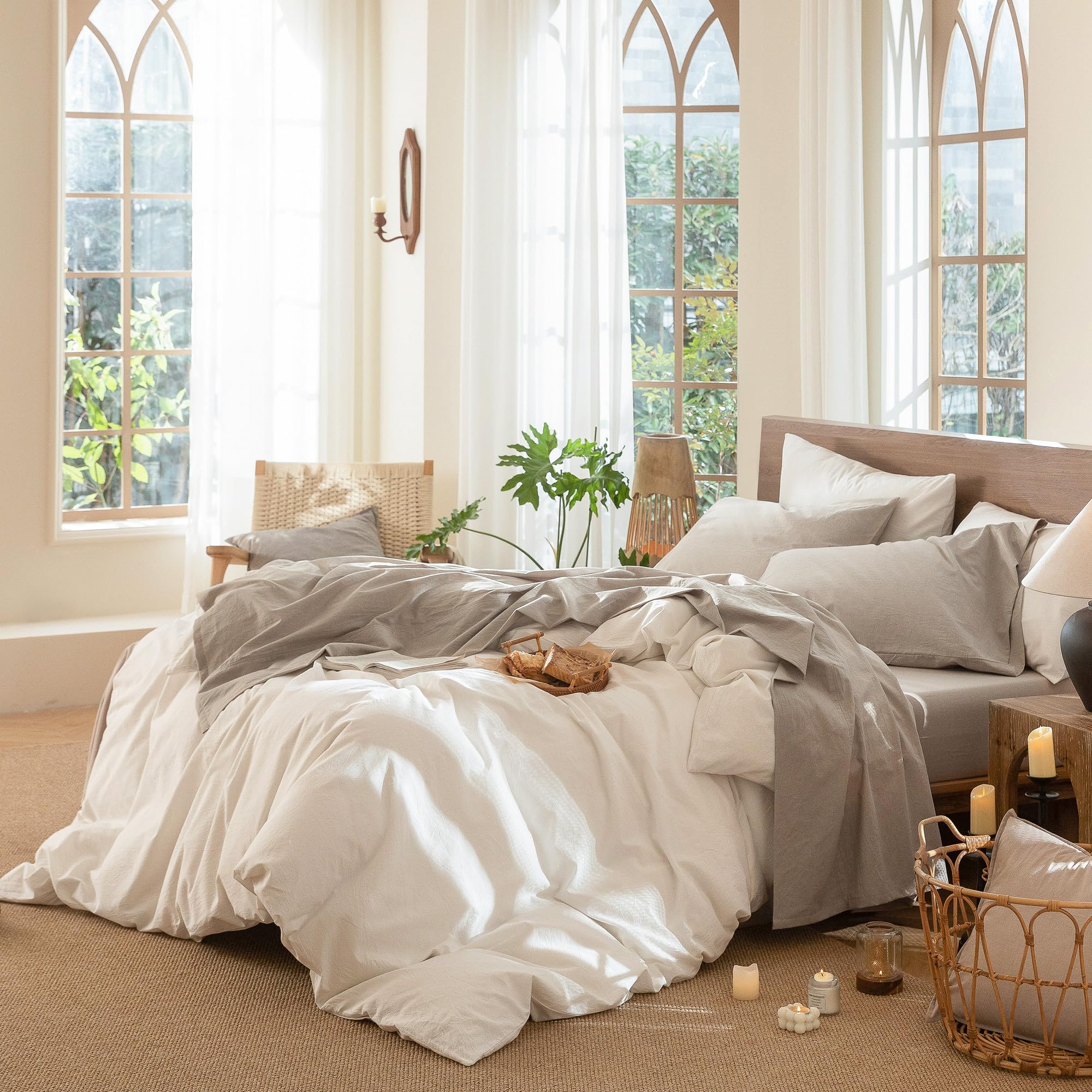 MooMee Bedding Sheet Set 100% Washed Cotton Linen Like Textured Breathable Durable Soft Comfy (Tannish Linen Grey, King)
