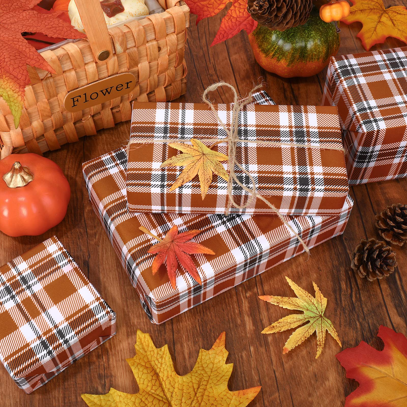 Whaline 100 Sheets Fall Tissue Paper Folded Flat Buffalo Plaid Wrapping Paper Thanksgiving Gift Wrapping Paper Rustic Art Paper for Home DIY Gift Bags Party Favor Autumn Decorations, 14 x 20inch