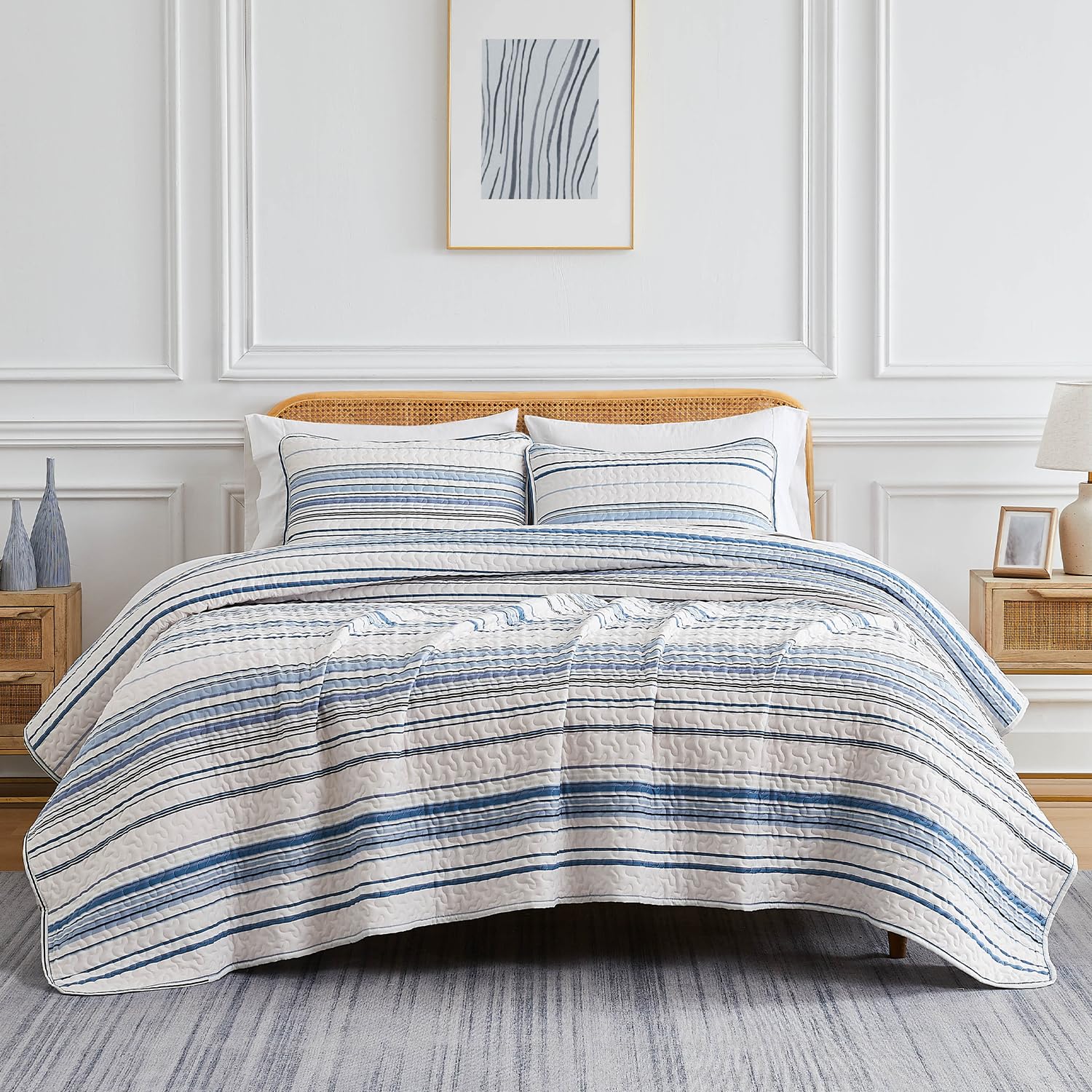 Southshore Fine Living, Inc. Oversized King Quilt Set, All Season Striped Blue Bedspread Set, 3-Piece Coastal Bedding, California/King Coverlet Sets with Shams, Soft Microfiber Quilt, Blue Stripes