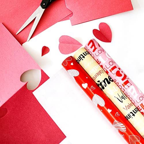 WorldBazaar Valentines Wrapping Paper Roll with Cut Lines Valentine Heart Love Design Gift Wrapping Paper for Valentineās Day Birthday Holiday 3 Pack Red Pink