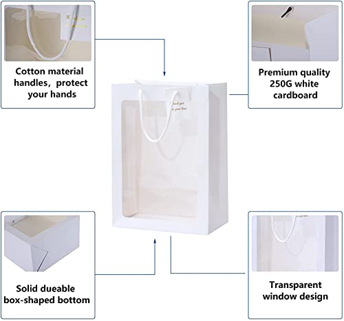 ywbag 10 Pcs Clear Gift Bag With Window, 13.8x 9.8x 5.9 White Transparent Bouquet Gift Bags With Handle for Bridal Shower, Festivals Party