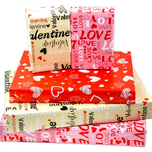 WorldBazaar Valentines Wrapping Paper Roll with Cut Lines Valentine Heart Love Design Gift Wrapping Paper for Valentineās Day Birthday Holiday 3 Pack Red Pink