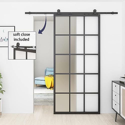 BARNSMITH 42in x 84in Frosted Glass Barn Door with 7FT Top Mounted Hardware kit Soft Close Mechanism DIY 15 Lites Tempered Modern Aluminum Sliding Glass Door Slab Disassembled Easy Installation