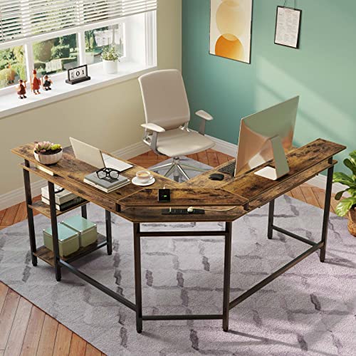 Rolanstar L Shaped Gaming Desk with Drawer, 55.1" Reversible Computer Desk with Power Outlets & LED Lights, Home Office Desk with Monitor Stand & Storage Shelf, Desk with Hooks Rustic Brown