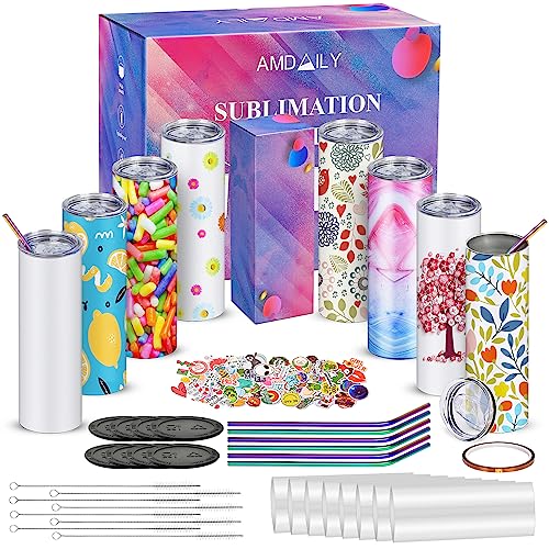Sublimation Tumblers, 8Pack 20 oz Straight Skinny Sublimation Tumbler Blank Double Wall Insulated Tumbler w/ Lids, Straws, DIY Stickers, Heat Tape, Shrink Wrap, Individually Boxed for Heat Transfer