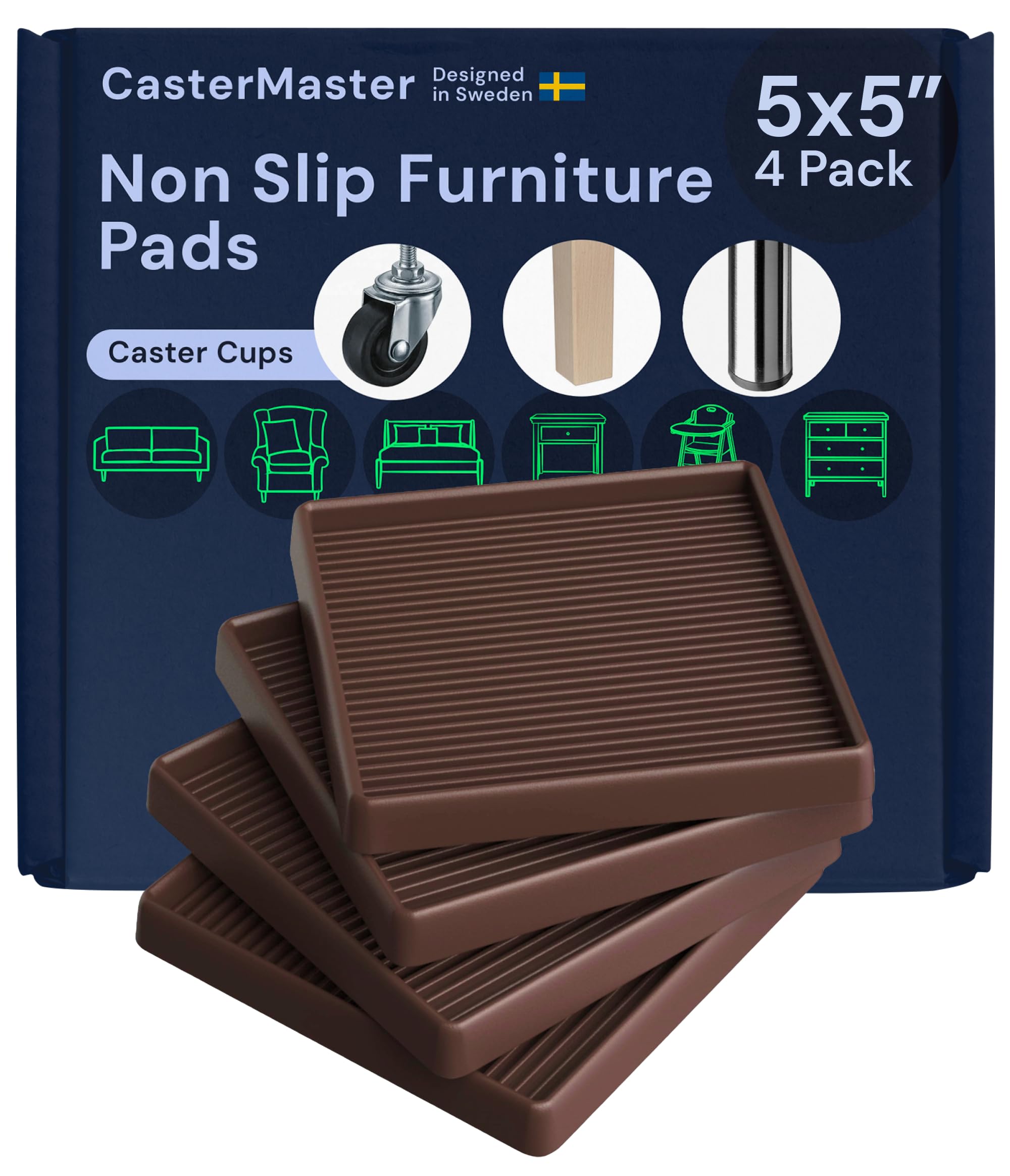 CasterMaster Non-Slip Furniture Pads Square Rubber Anti-Skid Caster Cups, Anti-Sliding Floor Protectors for Furniture (Brown, 5'' x 5'' (Pack of 4))