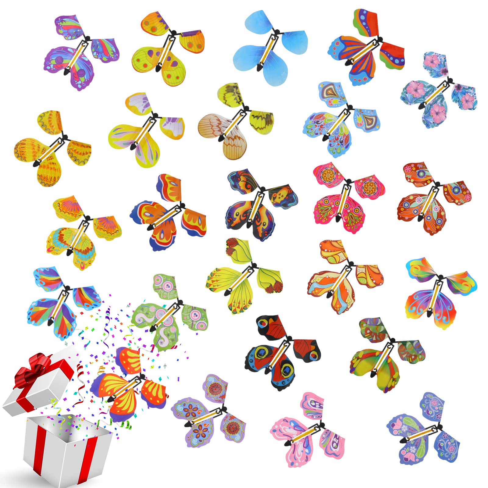 AhlsenL 25 PCS Flying Butterfly Toy, Flying Butterfly Wind up Butterfly Toy Butterfly Card Rubber Band Powered Toy for Wedding Birthday Party Book and Greeting Cards(Upgrade 25 Styles)