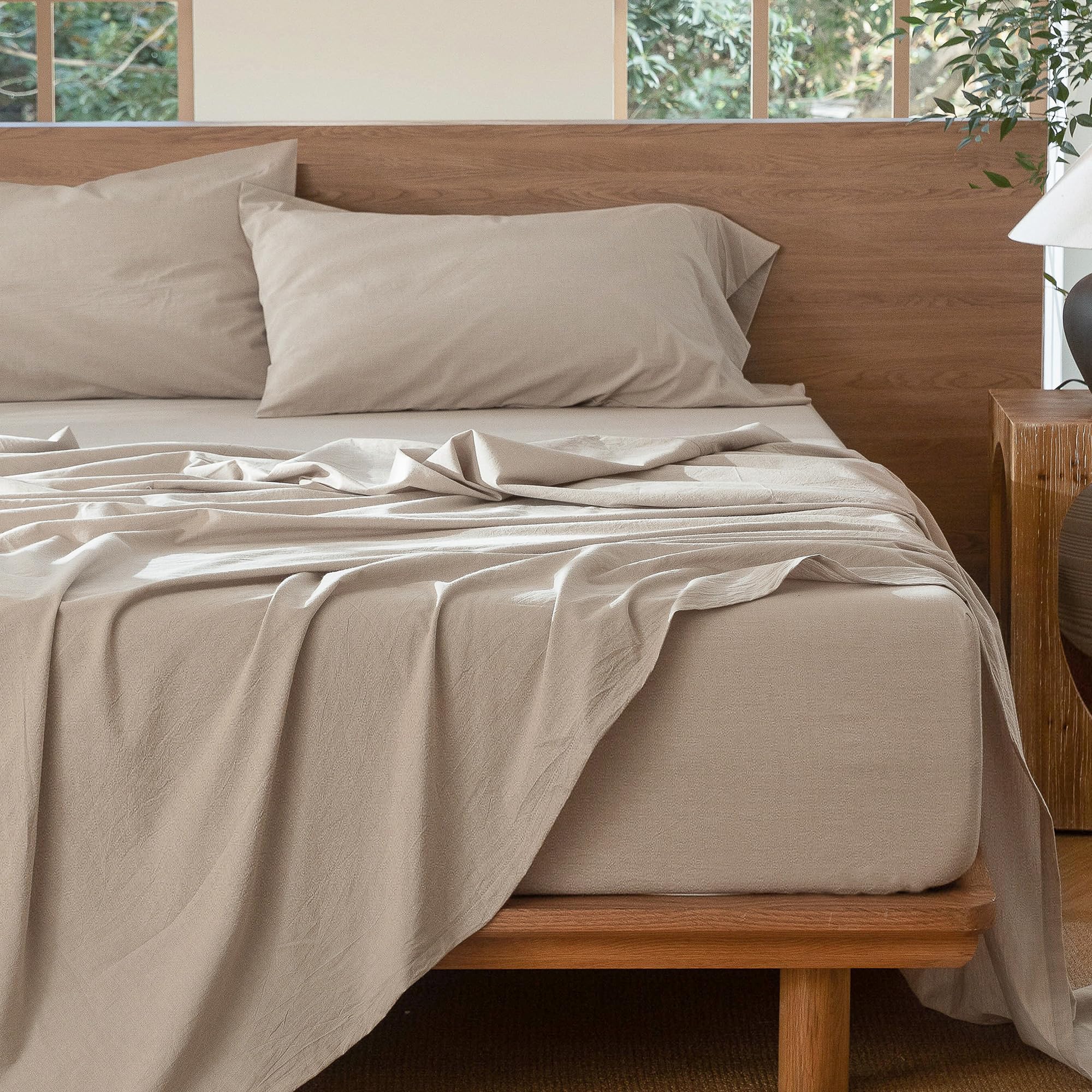 MooMee Bedding Sheet Set 100% Washed Cotton Linen Like Textured Breathable Durable Soft Comfy (Tannish Linen Grey, King)