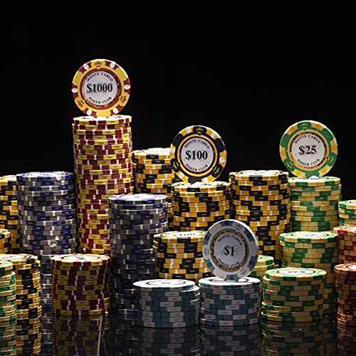 MBGBrybelly Monte Carlo Poker Chip Set Aluminum Carry Case - Casino Clay Composite 14-Gram Quality Poker Chips - with Dice, Playing Cards - Heavy-Duty Protection - Locking Portable Case (500 ct)