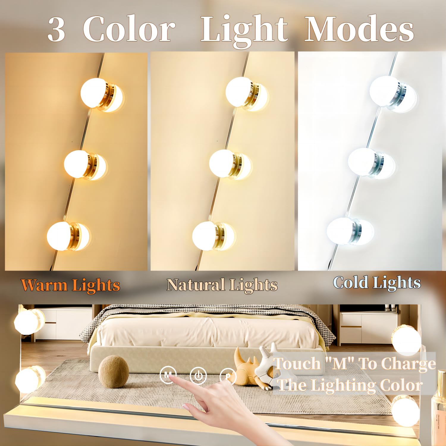 NUSVAN Vanity Mirror with Lights,Makeup Mirror with Lights with 17 Dimmable LED Bulbs, 3 Color Lighting Modes Detachable 10X Magnification Mirror Touch Control, 23.6X19,7 inch, White
