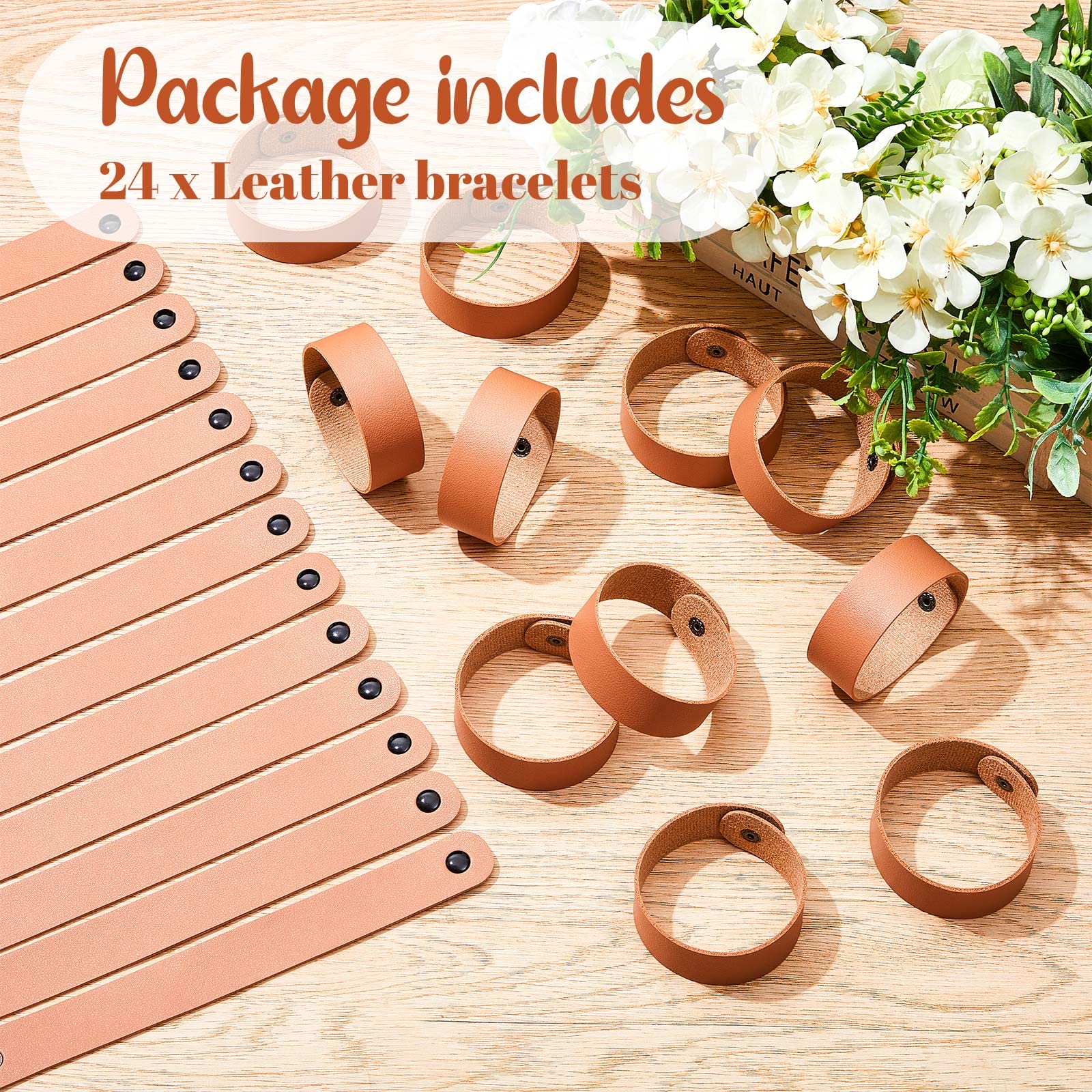 24 Pcs Plain PU Leather Bracelets Blank Snap Bracelets Wrist Cuffs DIY Craft Wristbands for Men Women Jewelry Making, 8.66 x 0.98 Inch, Leather Style