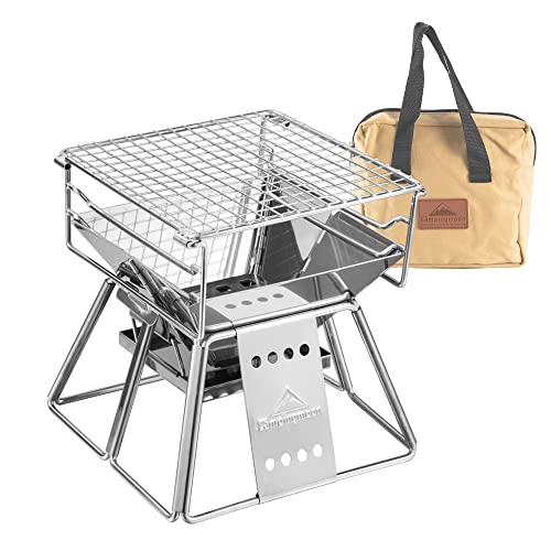 Campingmoon Foldable BBQ Grill, Portable Charcoal Grill, Stainless Steel Wood Burning Stove, Barbecue Cooking Stove for Outdoor/Garden/Camping/Picnic/Party (X-MINI)