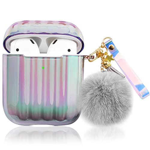 Aiiko Compatible Airpods Case Cover, Airpod Case 2nd /1st Generation Clear Lasher Hard PC Iridescent Colorful Air Pod Case with Pompom Keychain/Glitter Hand Lanyard/Tassel for Girls Women-Clear Purple