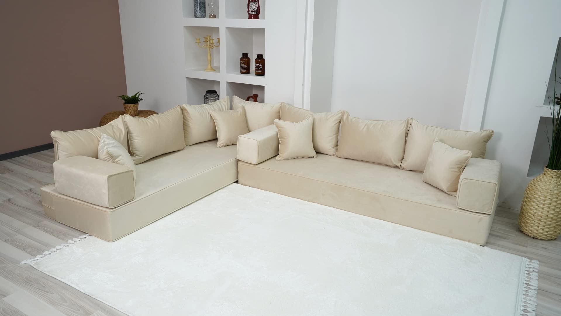 8" Thickness Velvet Beige Color L Shaped Floor Seating, Arabic Seating Couch, Luxury Velvet Floor Seating, Corner Sectional Sofa, Loveseats (L Sofa Only)