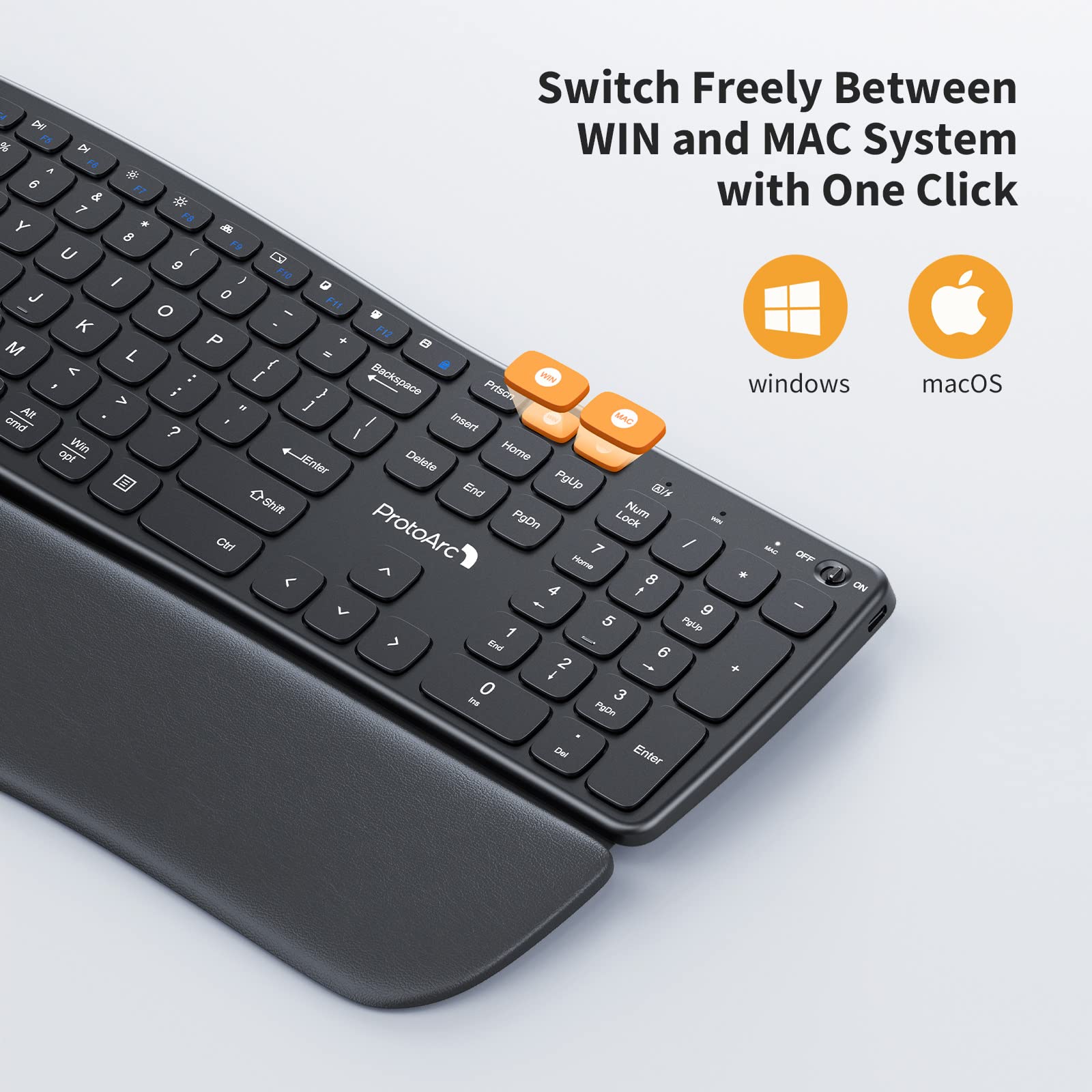 Wireless Keyboard Mouse, ProtoArc EKM02 2.4G Rechargeable Ultra-Slim Keyboard for Mac with Removable Magnetic Wrist Rest, Full Size Curved Keyboard for Natural Typing, Compatible with Windows/Mac