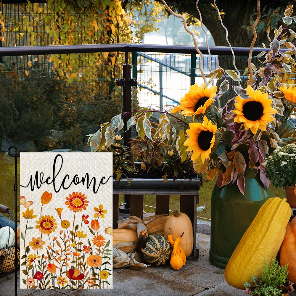 CROWNED BEAUTY Fall Floral Garden Flag 12x18 Inch Small Double Sided for Outside Thanksgiving Burlap Welcome Yard Decoration